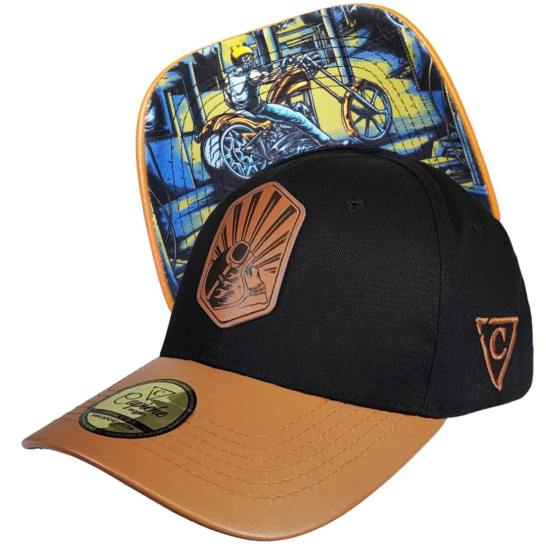 Chopper Curved Cap - Black/Brown Leather | CAPICHE CAPS